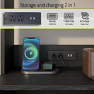 LIKIMIO Nightstand, 55" Tall End Side Table with Charging Station and Storage Cabinet, Small Bookshelf, for Living Room Office Bedroom, Vintage Black