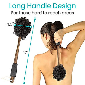 Loofah Back Scrubber by Vive - Long Handled Exfoliating Bath & Shower Body Brush Luffa Sponge On a Stick w/String for Hook - Men & Women (Loofah Brush Dark Wood)