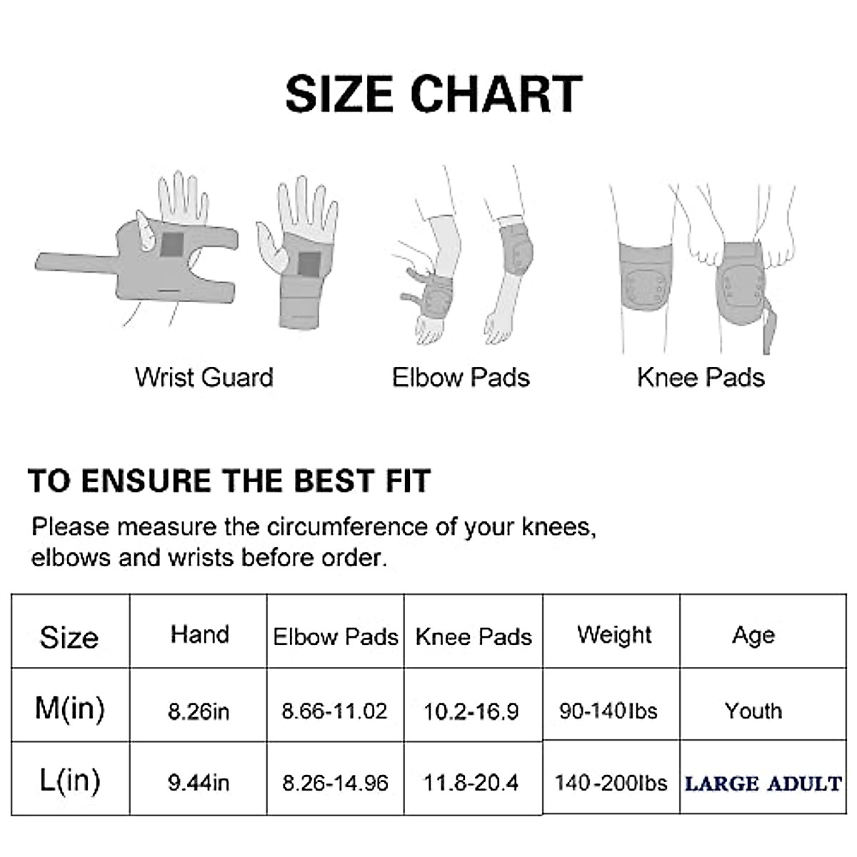 TXJ Sports Adult/Youth Knee Pads Wrist Guards with Elbow Pads Protective Gear Set for Skating Roller Inline Skating Derby Rollerblading Cycling bike scooter