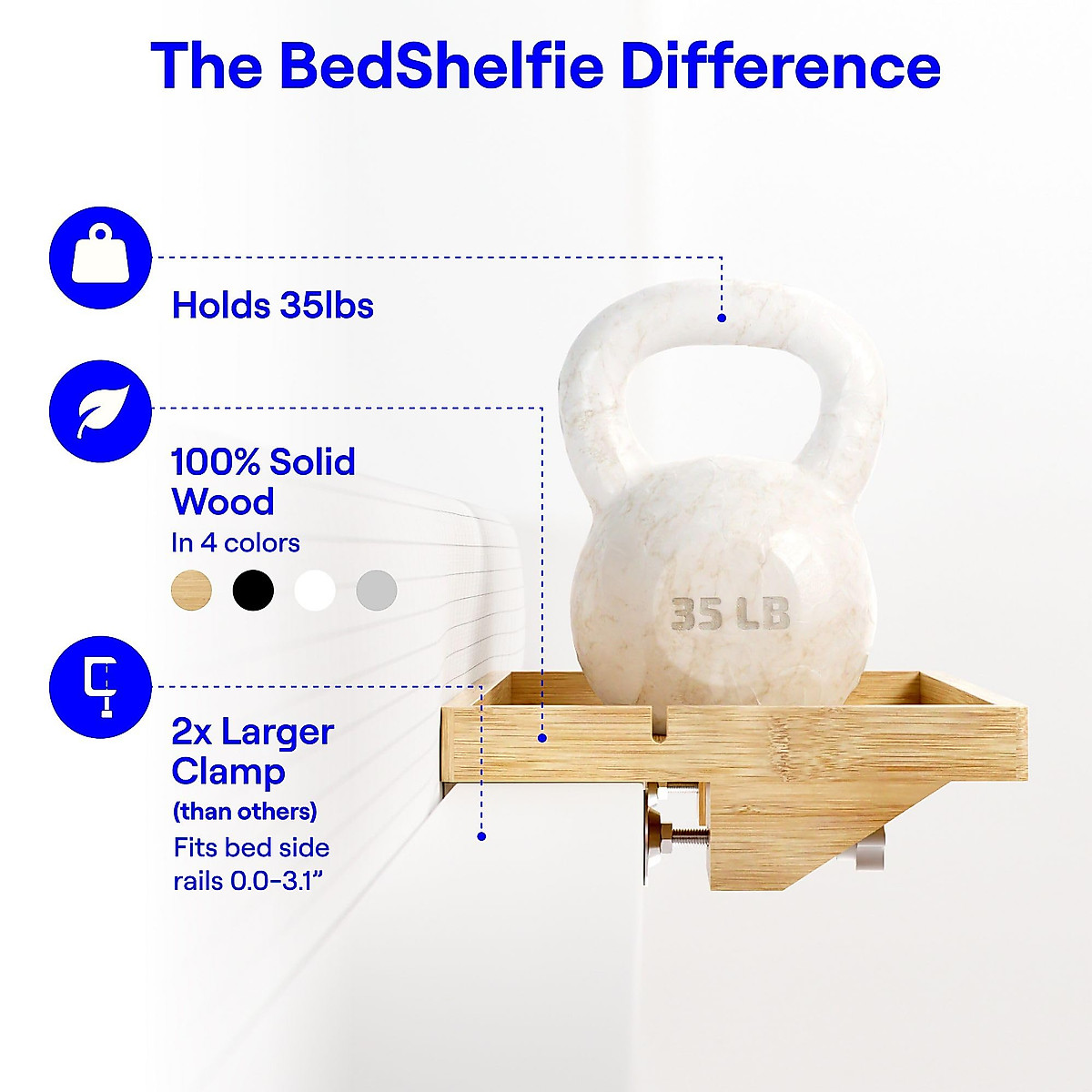 BedShelfie Bedside Shelf for Bunk Bed & Top Bunk, College Dorm Room & Loft Nightstand, Floating Bed Side Table Tray Storage - Natural Wood Plus