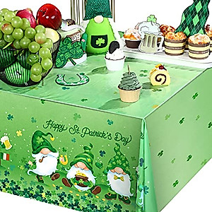 Tegeme 3 Pieces Happy St. Patrick's Day Tablecloths, Gnome Shamrock Pattern Table Covers Green Disposable Plastic Rectangular Table Cloth for Dinning Room Kitchen Party Decor, 108 x 54 Inches