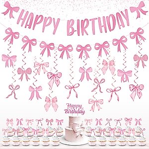 Pink Bow Birthday Decorations for Her, 64Pcs Coquette Birthday Decorations Happy Birthday Bows for Girls Bow Garland, Pink Bow Decor Pink Bow Baby Shower Decorations for Girl