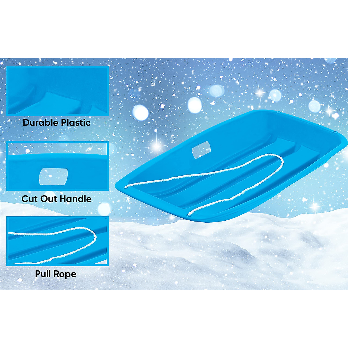 Superio Toboggan Snow sled for Kids and Adults - 35" Long with 2 Handles Pull Ropes (Blue)