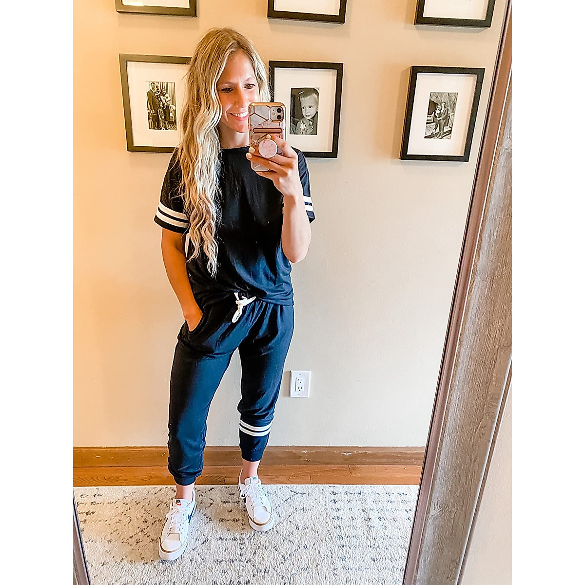 PRETTYGARDEN Women Summer Two Piece Outfits Striped Short Sleeve Pullover and Long Pants Tracksuit Travel Pajama Lounge Set (Black,XX-Large)