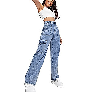 SweatyRocks Women's High Waist Cargo Jeans Flap Pocket Wide Leg Denim Pants Blue L