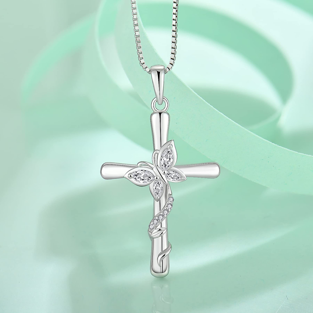 Blaniy Cross Necklace for Women 925 Sterling Silver Butterfly Necklace April Birthstone Pendant Necklace with Cubic Zirconia Jewelry Gifts for Women