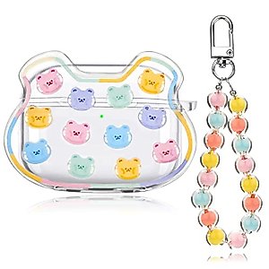 Cute AirPod Pro Cases Korea Funny 3D Bear Design with Coloful Round Bead Bracelet Clear Soft Protective Cover Compatiable with AirPods Pro for Women and Girls