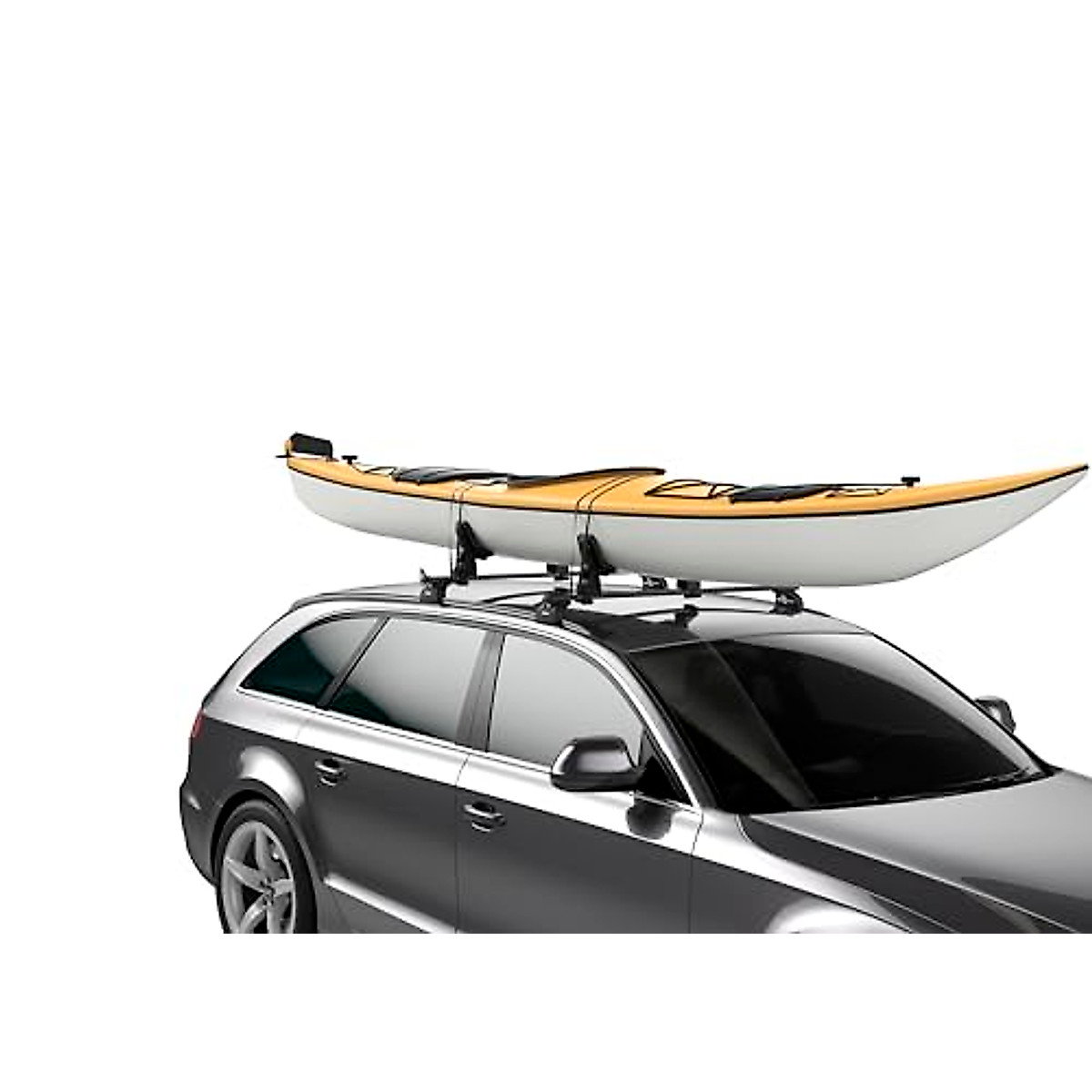 Thule DockGrip - Carries up to 36" wide kayaks and SUPs - Fits all hull shapes - Fits most roof rack cross bars - Kayak roof rack - Stand up paddleboard compatible - 85lb weight capacity
