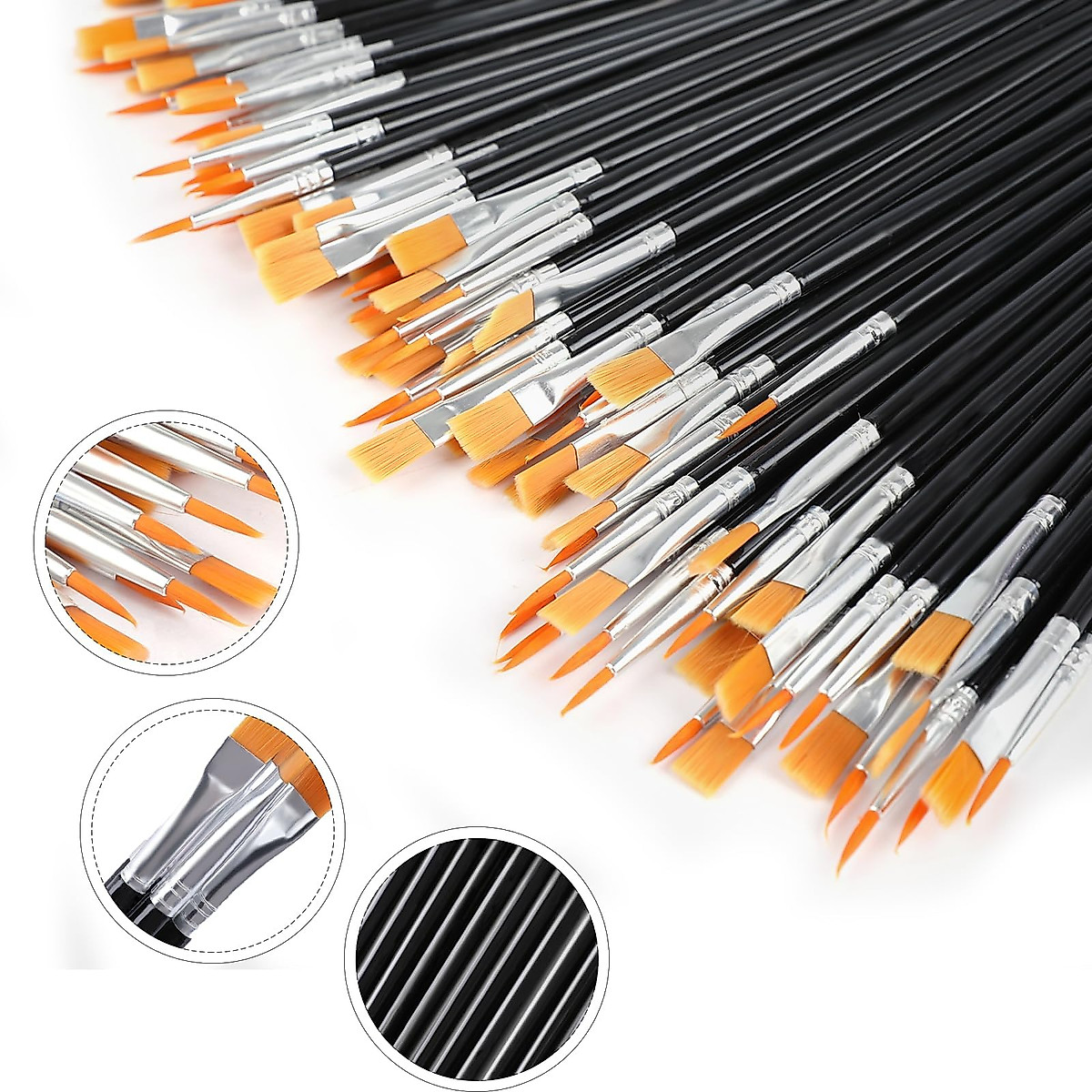 AROIC Small Paint Brushes Bulk,200 Pcs Black Nylon Hair Paint Brushes with Flat and Round Pointed Acrylic Paint Brush Kits,craft paint brushes for oil watercolor Face Artist And Kids Professional Kits