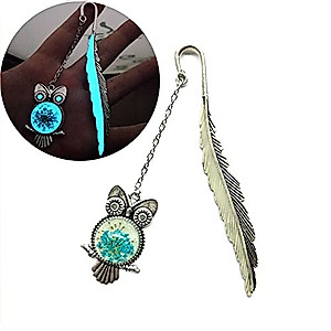 Metal Feather Bookmark Book Marks with Butterfly Pendant Glow in The Dark Dragonfly Owl Dragon Bookmark for Book Lovers(Silver Small Butterfly)