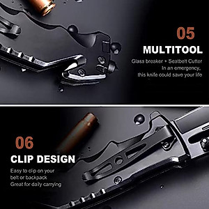 Folding Pocket Knife for Men, Tactical Knife with Clip, Glass Breaker & Seatbelt Cutter, Cool Survival Knife for Emergency, EDC Pocket Knives for Outdoor Camping Hunting, Knifes for Dad, Mens Gift