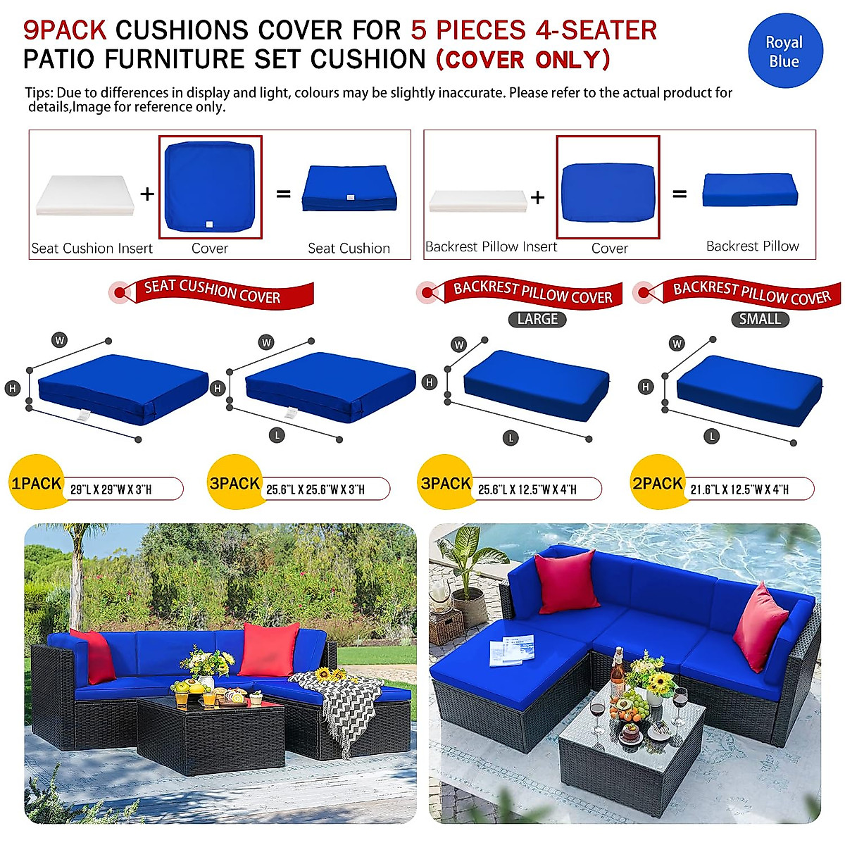 9 Pack Patio Cushion Covers Set Outdoor Furniture Cushion and Pillow Cover Replacement Fit for 5 Pieces 4-Seater Wicker Rattan Patio Sectional Sofa Chair Couch Set,Royal Blue-Cover Only (Large)