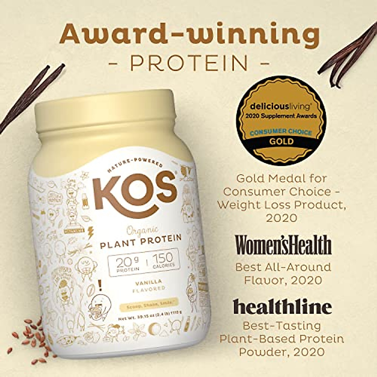KOS Vegan Protein Powder Erythritol Free, Vanilla USDA Organic - Pea Protein Blend, Plant Based Superfood Rich in Vitamins & Minerals - Keto, Dairy Free - Meal Replacement for Women & Men, 30 Servings