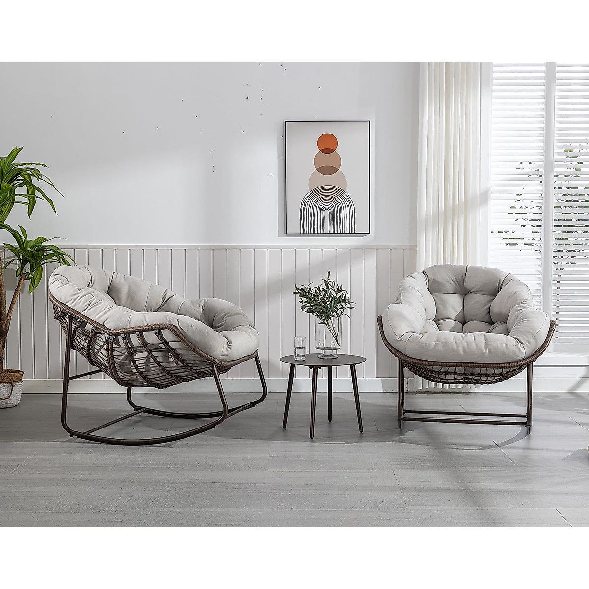 Outdoor Rocking Chair, Patio Oversized Wicker Egg Rocking Chair, Indoor & Outdoor Comfy Rocker Chair with Thick Cushion, Modern Lounge Chair for Balcony, Front Porch, Garden, Backyard, Deck, Beige