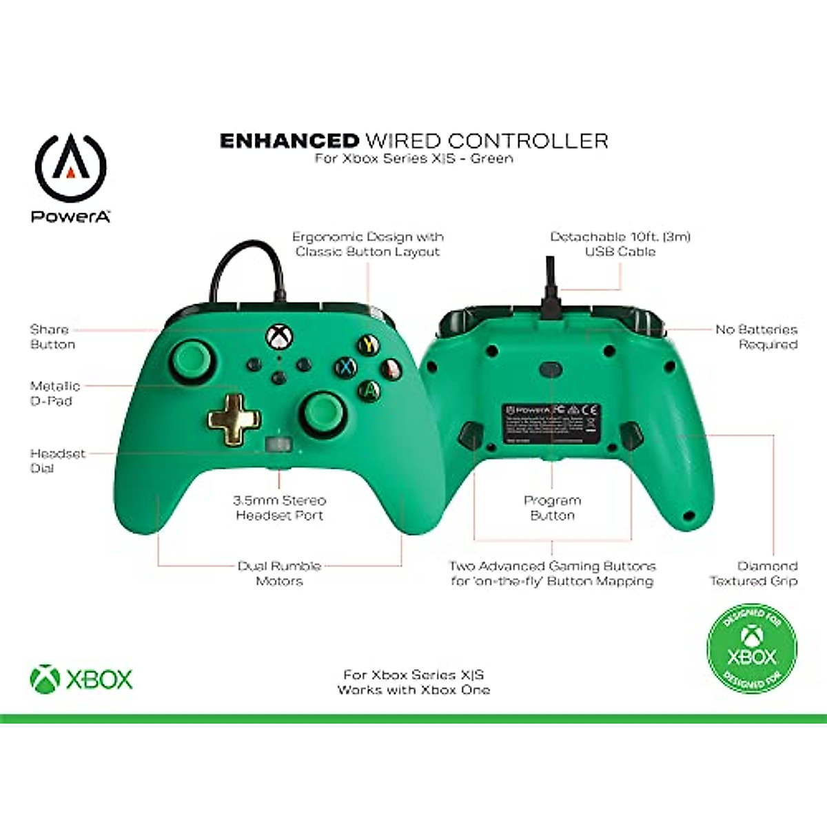 PowerA Enhanced Wired Controller for Xbox Series X|S - Green, Gamepad, Wired Video Game Controller, Gaming Controller, Works with Xbox One - Xbox Series X