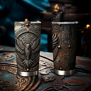 20oz Viking Celtic Warrior Eagle Tumbler, Norse Mythology, Viking Gifts for Men, Coffee Thermos for Men, Stainless Steel Double Wall Vacuum Insulated Coffee Mug, Travel Cup with Lid