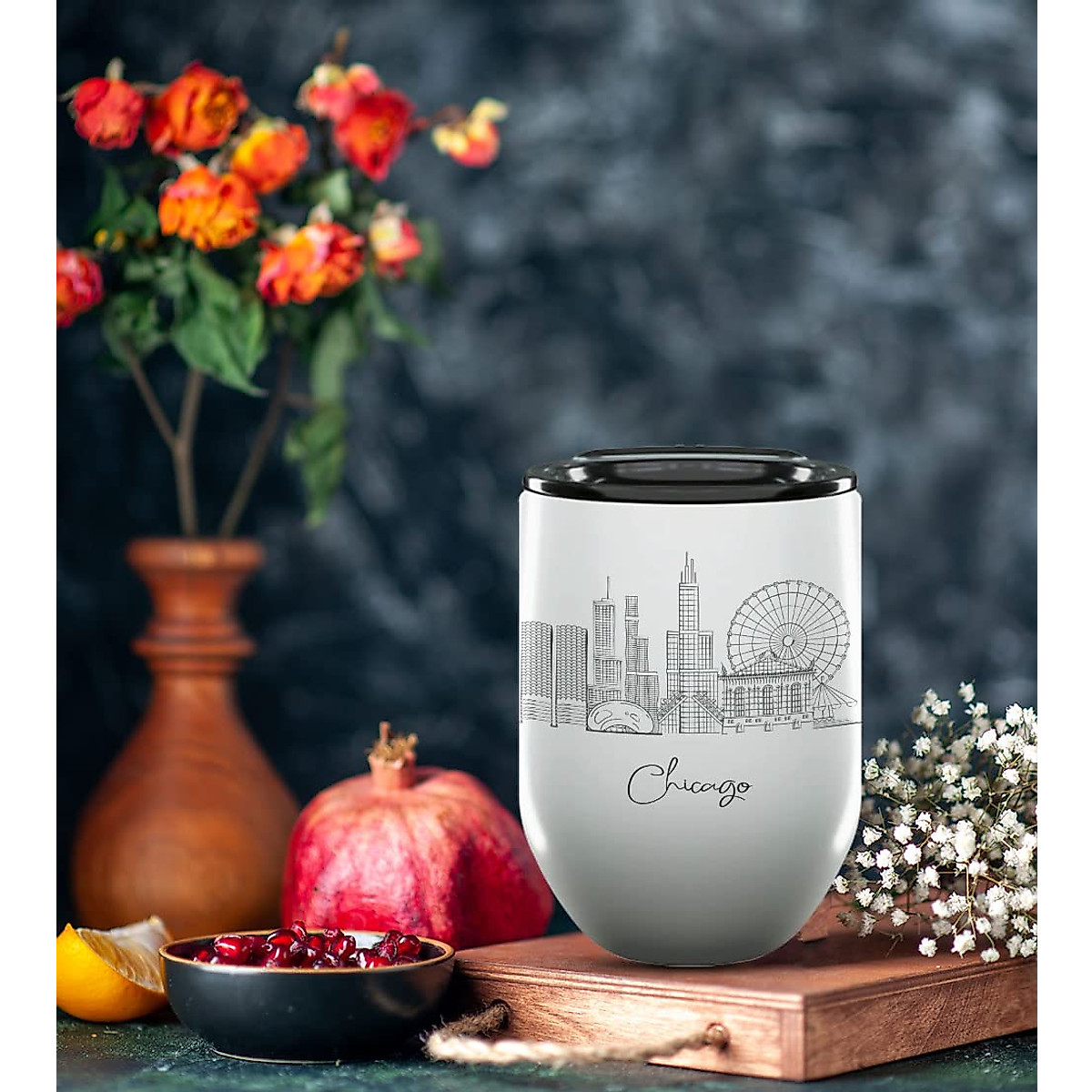 Chicago Illinois Gifts and Souvenirs - 12 Oz Insulated Wine Tumbler with Lid - Chicago College Graduation Gifts - Unique Drinkware - USA Long Distance Gifts for Her