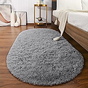 Softlife Fluffy Rugs for Bedroom, Shag Cute Area Rug for Girls and Kids Baby Room Home Decor, 2.6 x 5.3 Feet Oval Indoor Carpet for Nursery Dorm Living Room, Grey