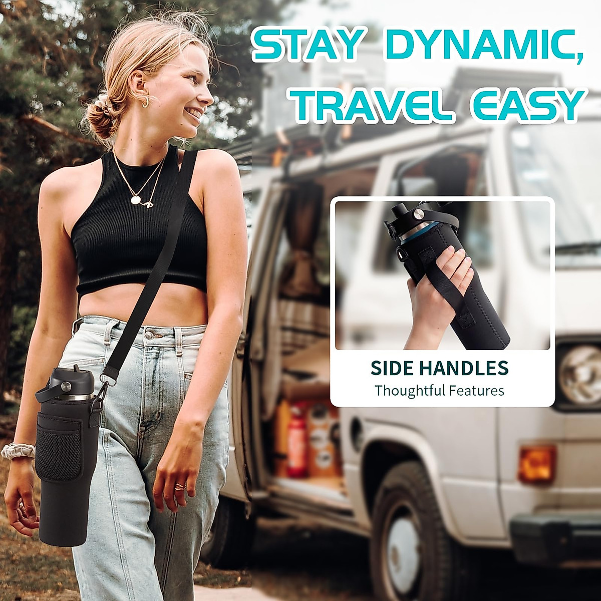 32oz Insulated Water Bottle Tumbler with Straw - Auto Spout Lid, Protective Boot, Carrier Pouch, Vacuum Stainless Steel Water Bottles Leak-Proof, Skinny Thermo Mug Flask Fit in Car Bike Cup Holder