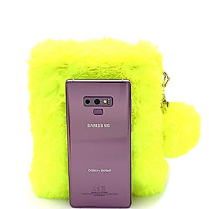 Trendeology Neon Color Ultra Smooth Soft Fluffy Faux-Fur Pom Pom Small Cute Phone Crossbody Bag (1.Neon-Yellow)