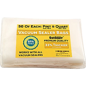 100 Vacuum Sealer Bags: 50 Pint (6" x 10") and 50 Quart (8" x 12") OutOfAir Vacuum Sealer Bags Works with FoodSaver & Other Savers. 33% Thicker, BPA Free, Great for Sous Vide