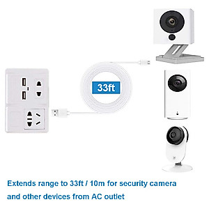 Power Extension Cable Cord 33ft 10m for WyzeCam,Wyze Cam Pan,Yi Camera,Nest Cam Indoor,Kasa Cam Indoor,Amazon Cloud Cam,Blink, Durable USB to Micro USB Charging Cord for Security Camera