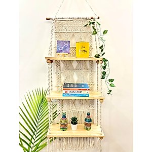 Macrame Wall Hanging Shelf Set, 3 Tier Macrame Wall Hanging Shelf for Wall Decor with Handmade Woven Rope Hanger for Kitchen, Bathroom, Home Storage