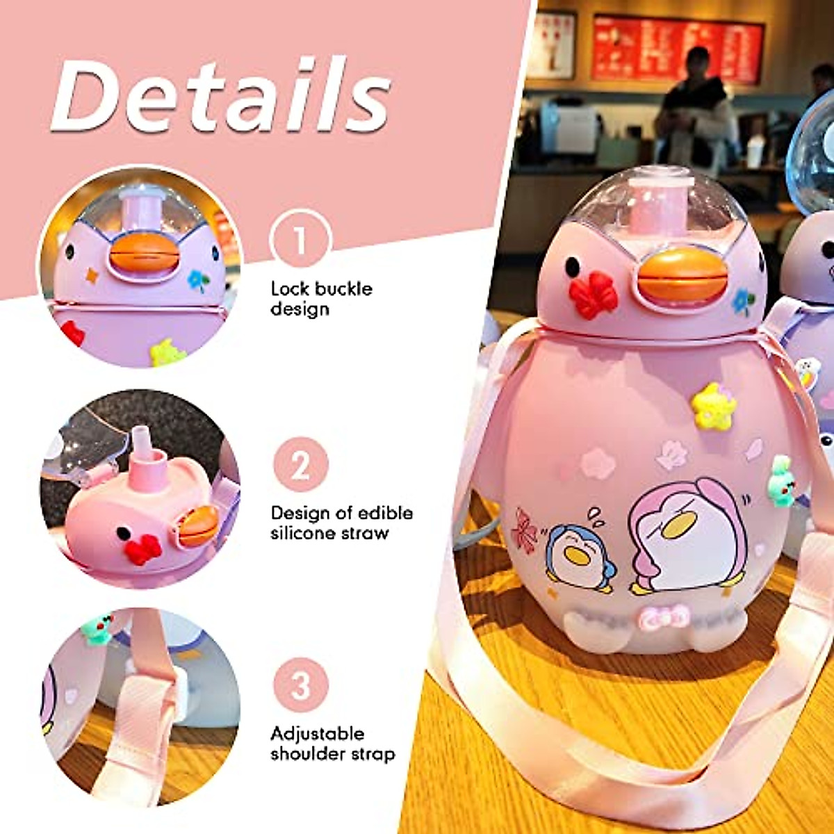 TEAUSA Girls Kawaii Water Bottle with Straw and Adjustable Shoulder Strap, 53oz Large Capacity Cute Water Bottles With 3D Kawaii Sticker for School, Office, Picnic, Camping, Hiking (Pink)