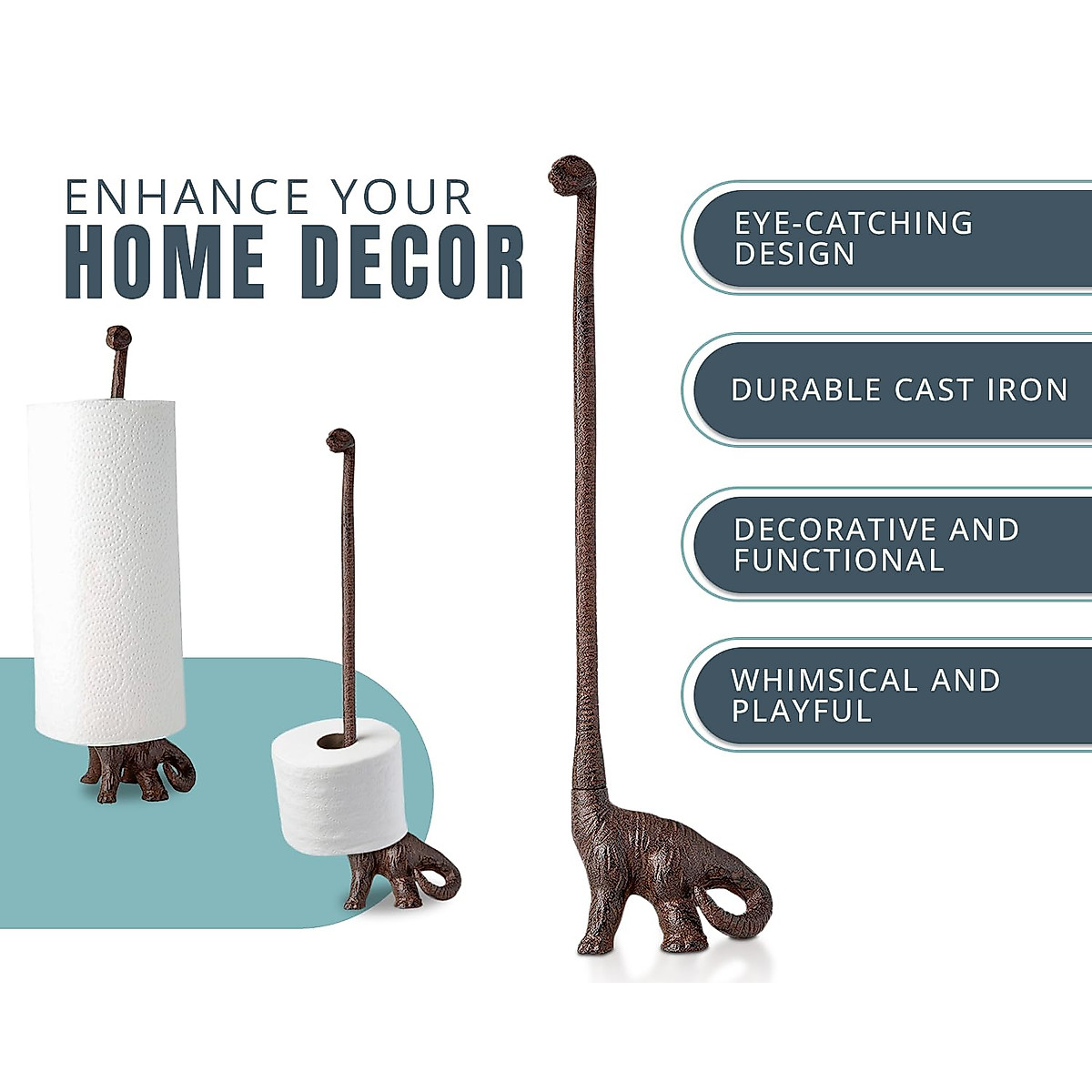 Paper Towel Holder or Free Standing Toilet Paper Holder- Cast Iron Dinosaur Paper Holder - Bathroom Toilet Paper Holder or Stand Up Paper Towel Holder - Rustic Brown w/Vintage Finish by Comfify