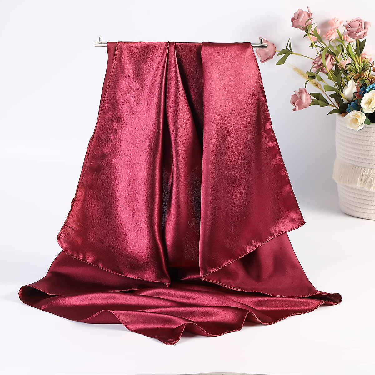 CHLINS 35" Satin Square Hair Scarf Bandanas - 3Pcs Large Silk Head Scarves Lightweight Satin Hair Kerchief Sleeping Hair Wraps (Jujube Red + Skin Powder + Haqing)