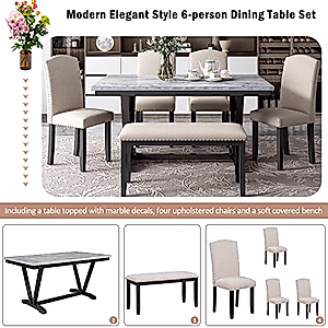 WOZNLA Modern Style 6-Piece Dining Table 6-Rectangular Marbled Veneers Tabletop, V-Shaped Legs, 4 Chairs, 1 Bench with Padded Cushion, Ideal Living Room Furniture Set, White, OneSize
