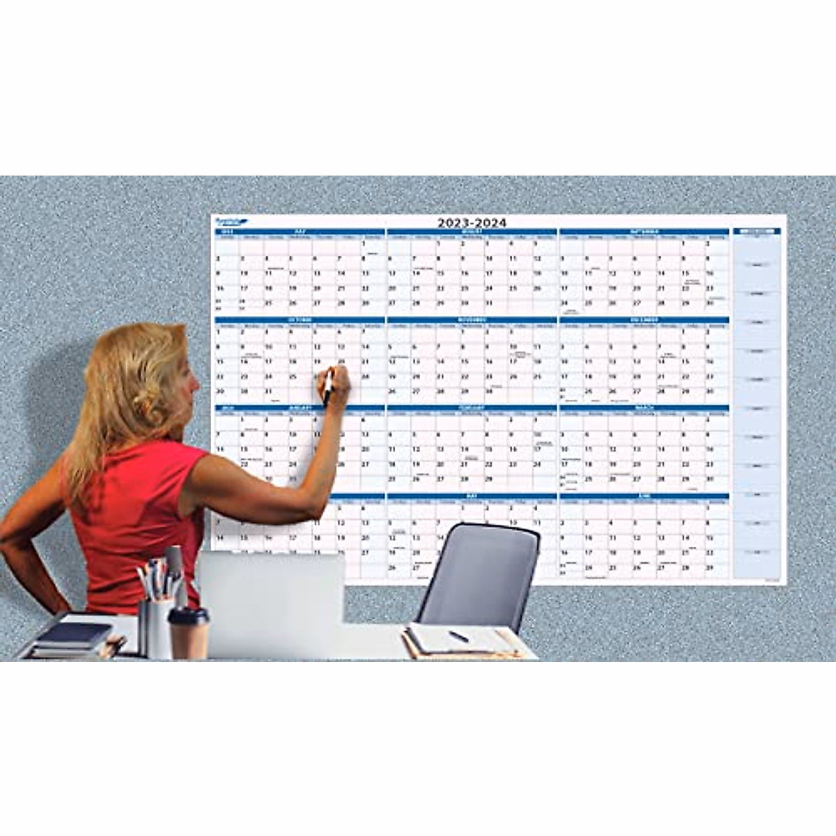 PlanetSafe Calendars Horizontal Sky Blue July 2023 to June 2024 Fiscal/Academic Year 12 Month Wall Calendar 36 x 56- Large Dry & Wet Erasable with Next Year Planner -Great for Office & Projects