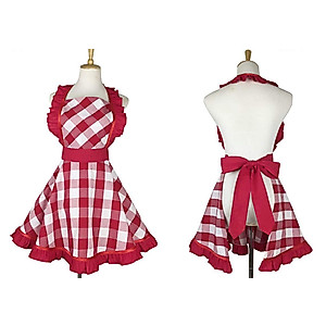 Hyzrz Lovely Retro Aprons for Women with Pocket Cotton Cooking Mother's Day Apron Dress Gift (Red Grid)