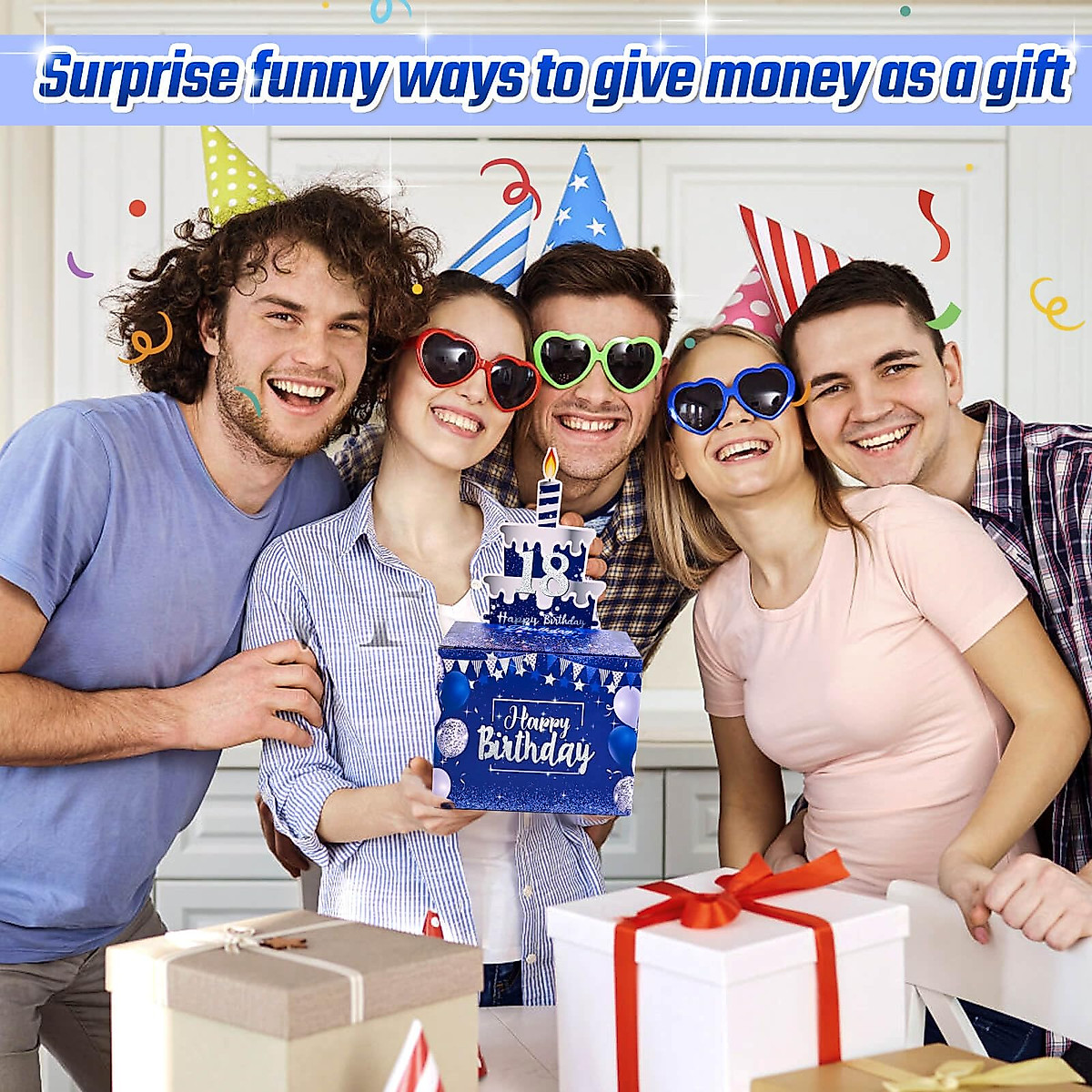 TOYEISHI Birthday Money Pull Box for Cash Gift with DIY Self-Adhesive Stickers for Any Age, Happy Birthday Money Box for Cash Gift Pull Out Cake Card and 100Pcs Bags, Birthday Party Decor Ideas-Blue