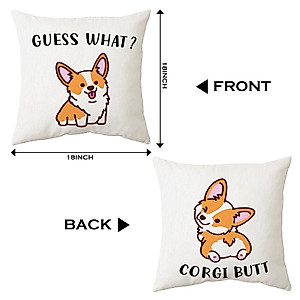 Sidhua Corgi Dog Themed Pillowcase Decorations for Home, Funny Dog Corgi Guess What Throw Pillow Cover 18”x18” Double Sided Reversible, Funny Corgi Mom Gifts, Pet Dog Lover Gifts