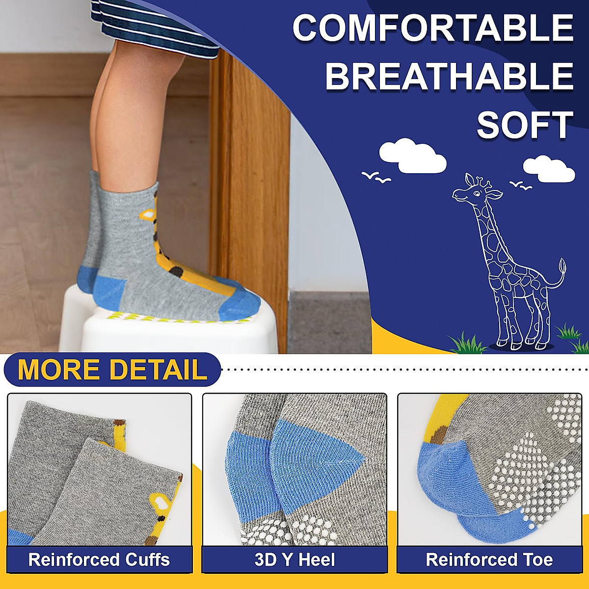 HYCLES Toddler Socks With Grip Non-Skid 12 Pairs Baby Kids Sticky Slipper Cotton Crew Socks 3-5T Children/Boy/Girl