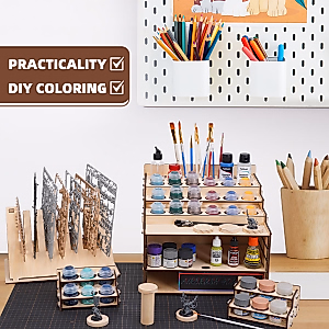 T TOGUSH Wooden Paint Organizer for 36 Holes of Citadel Paints and 36 Holes of Paint Brushes with Adjustable Storage wtih Model Pieces Shelf, Miniature Stands Holder Paint Rack for Miniature Paint Set