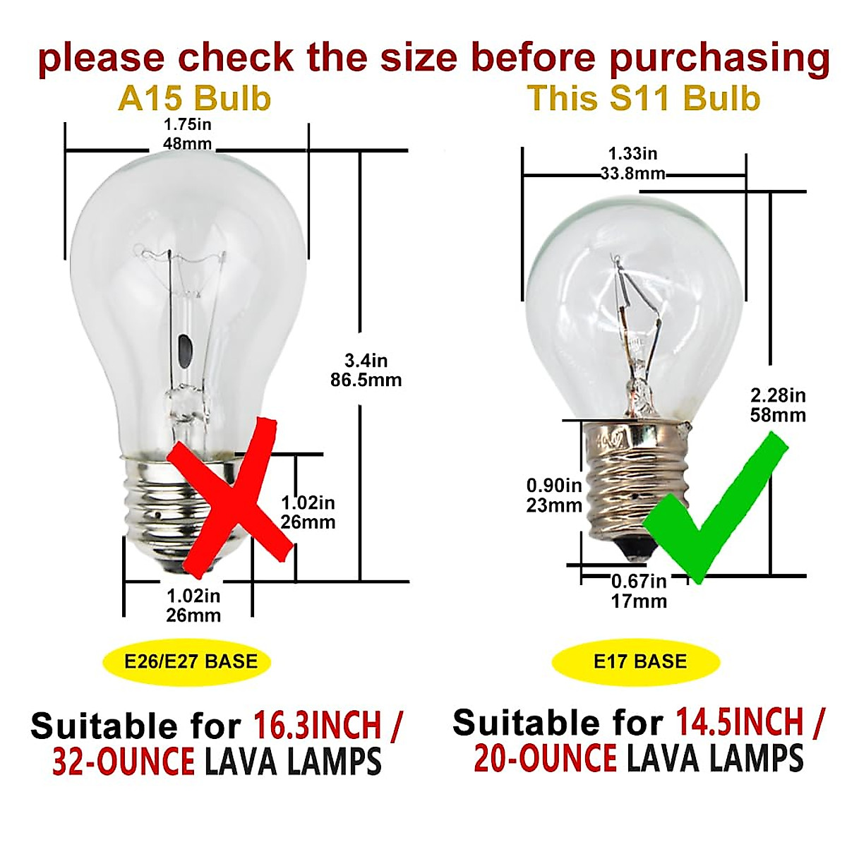 6 Pack S11 E17 Base 25 Watt Bulbs for Lava Lamps,Replacement Bulbs for Lava Lamps,Glitter Lamps