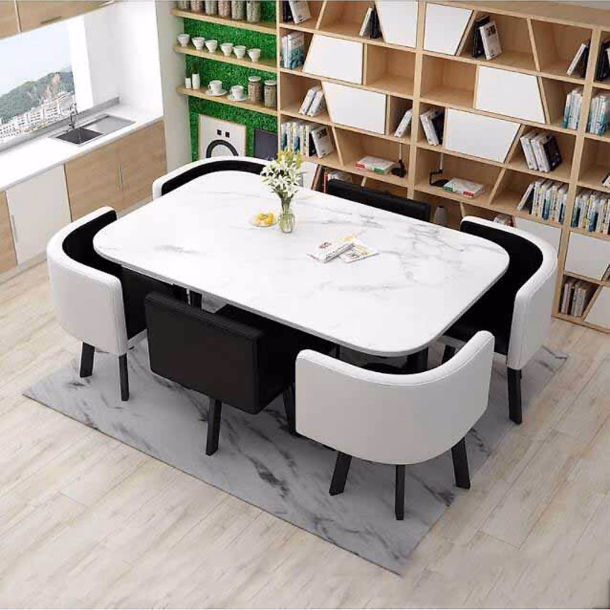 Topjia Rectangle/Oval Dining Table Set for 6 Chairs,Modern Dining Table & Coffee Table and 1Table and 6 Chairs Chair Set,for Kitchen Lounge Living Room,7-Piece Meeting Room Table, Black and White