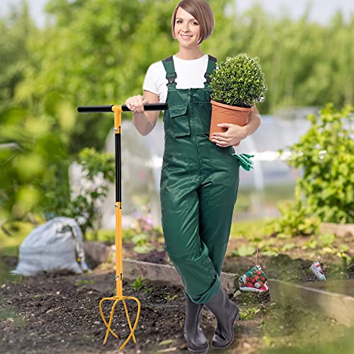 Hand Tiller Garden Tiller, Manual Twist Tiller with Long Handle, Garden Tiller Claw Cultivator Lawn Aerator Soil Ripper for Gardening Bed and Plant Box, 3 Adjustable Height