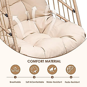RADIATA Foldable Wicker Rattan Hanging Egg Chair with Stand, Swing Chair with Cushion and Pillow, Lounging Chair for Indoor Outdoor Bedroom Patio Garden (Beige with Stand)