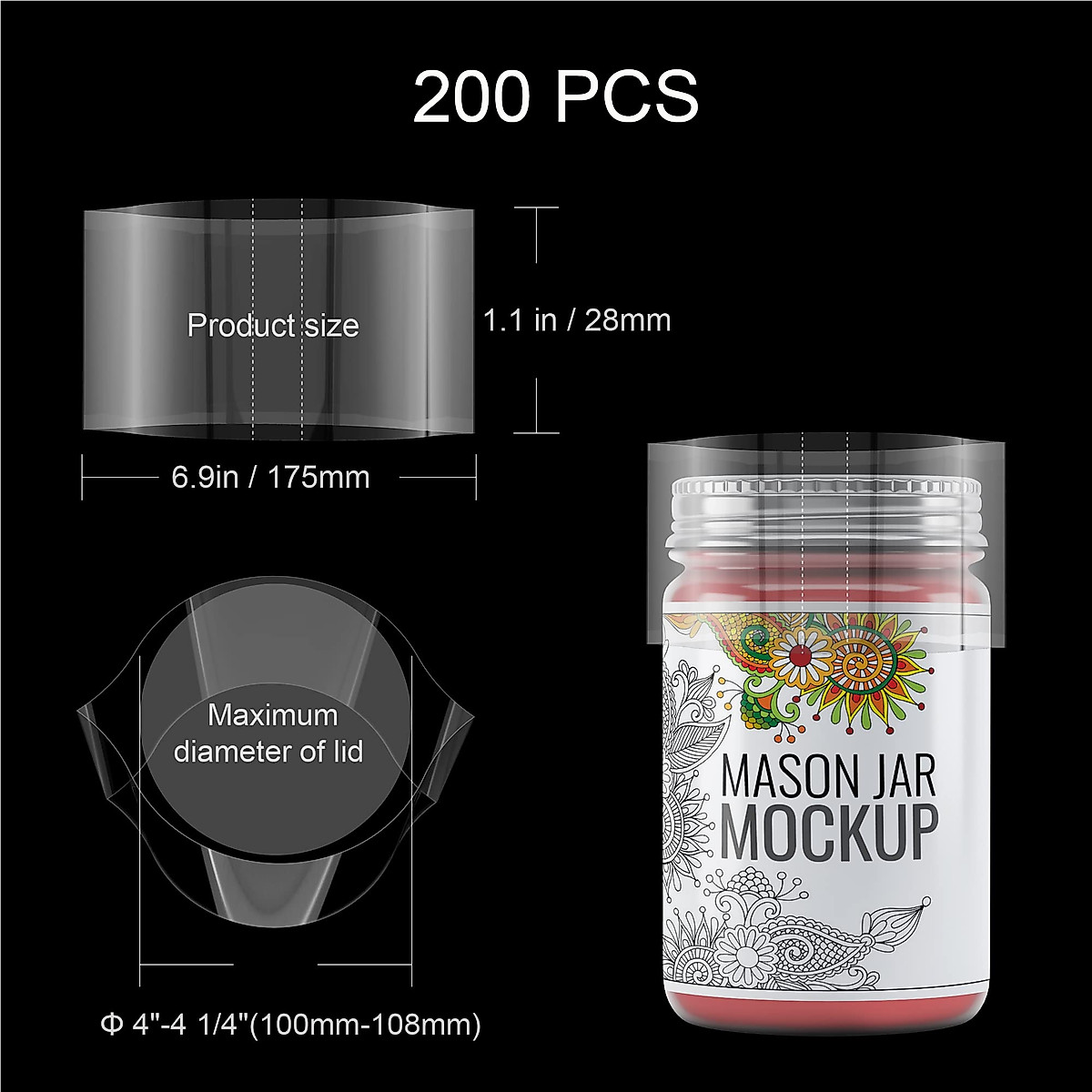 Shrink Wrap Bands for Jars Seals Heat Shrink Bands Cap Seal for Jars Mouth Shrink Bag Refillable Shrink Wrap Container-200 Pieces-6.9 x 1.1 Inch-175 x 28mm