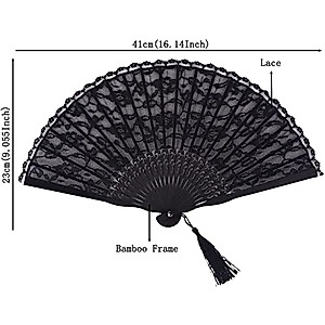 Womens Multi Color Handmade Cotton Lace Folding Hand Fan (Black-A) (Black)