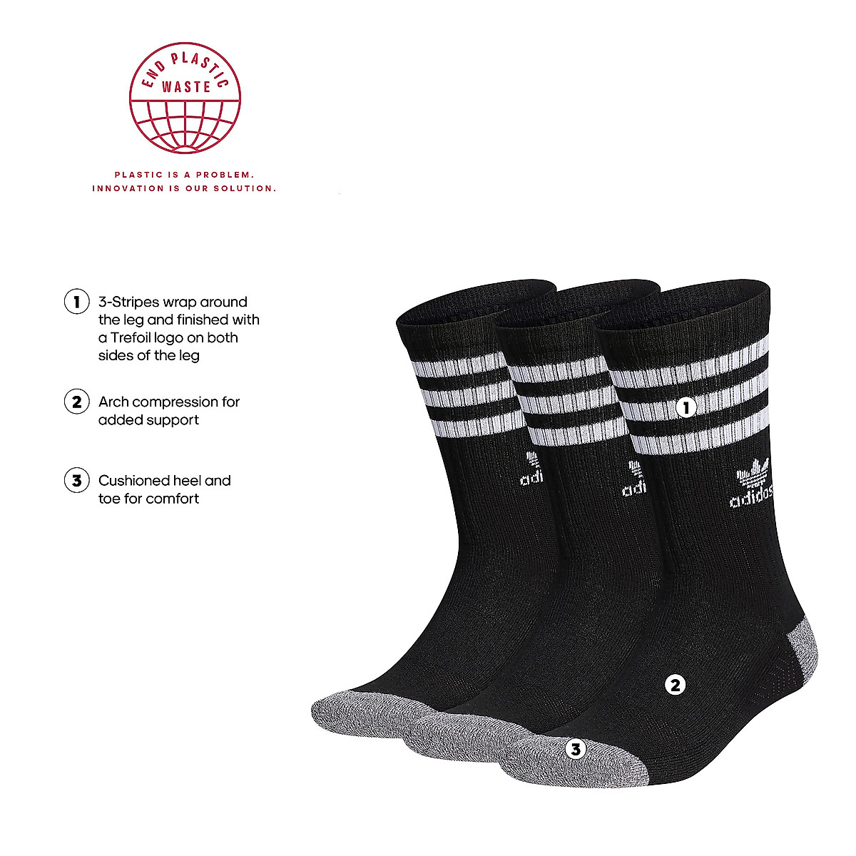 adidas Originals Roller Crew Socks (3-pair), Black/White, Large