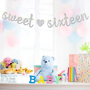 Silver Glitter Sweet Sixteen Banner - Happy 16th Birthday Banner - 16th Birthday Party Decorations for Girls - Sixteen Years Old Decorations