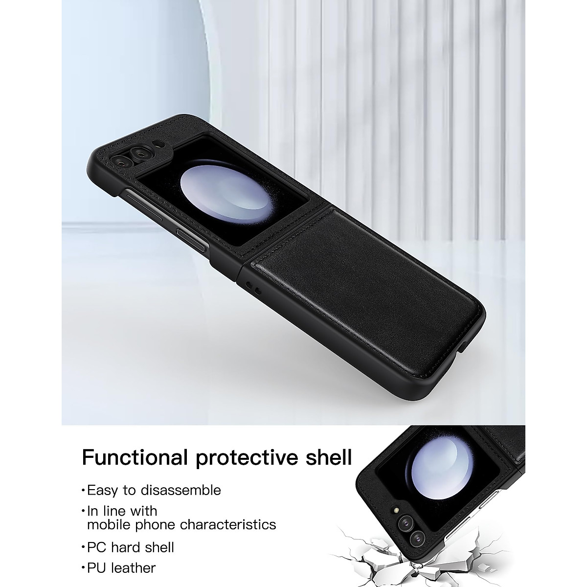 Foluu for Samsung Galaxy Z Flip 5 5G Case, Galaxy Z Flip 5 Leather Case, PU Leather + Hard PC Shell Ultra Thin Slim Durable Protective Phone Case Cover for Samsung Galaxy Z Flip5 5G 2023 (Black)