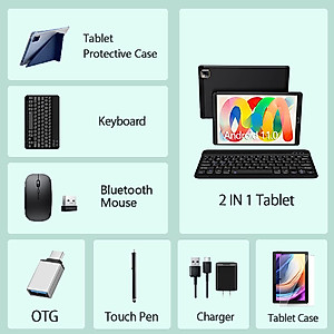 Tablet 10 Inch Android 11 2 in 1 Tablet with Keyboard 4GB RAM 64GB ROM 128GB Expansion Memory, 13MP Camera, 5G WiFi, Bluetooth, Mouse, Stylus, Google Certified, 1280 * 800 HD Display (Silver)
