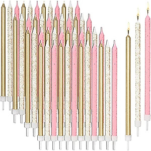 Metallic Glitter Long Thin Birthday Cake Candles in Holders (5 in, 48 Pack)