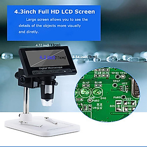 4.3 inch LCD Digital Microscope USB Microscope with 1000X Magnification, Adjustable LED Lights, Camera Video Recorder for Circuit Boards, Study, Jewelry Identification, Insect and Plant Observation