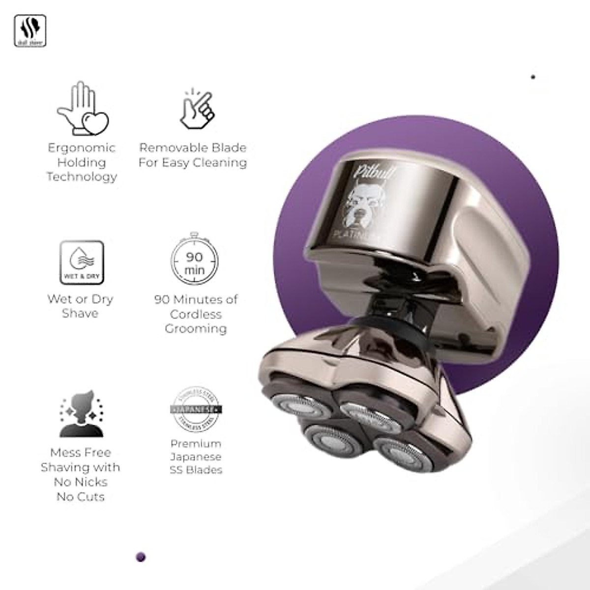 Skull Shaver Pitbull Platinum Pro:Head Shaver for Men - Bald Head Shavers with Wet/Dry Technology, Ergonomic Design, Travel Lock, and Accessories. Perfect Grooming Kit.